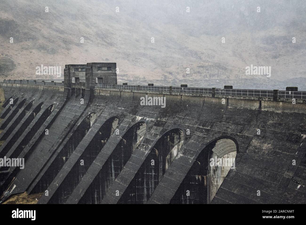 Close-up on the Scottish Hydro dam on Lochan na Lairige, Scotland, on a ...