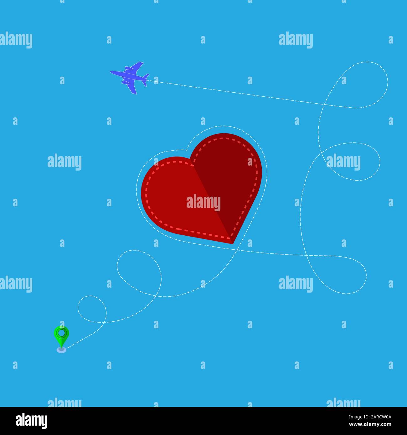 Airplane Flying on Blue Sky Background. Dotted Route Path with Red ...