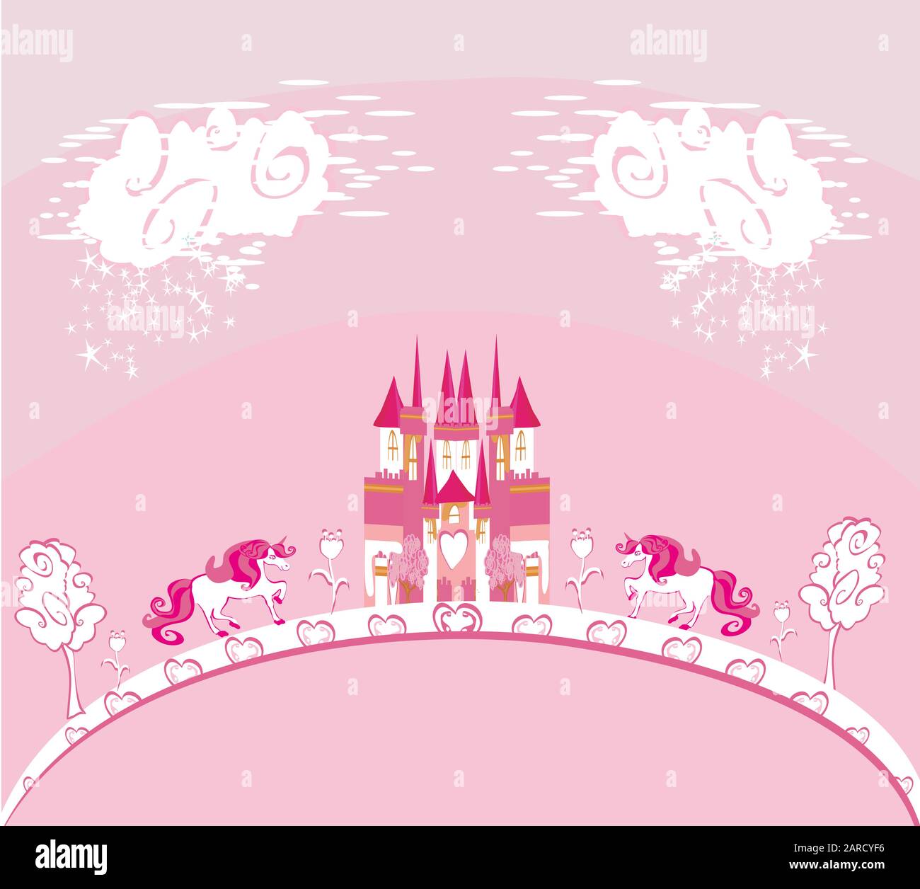 Beautiful unicorn and fairy-tale princess castle card Stock Photo - Alamy