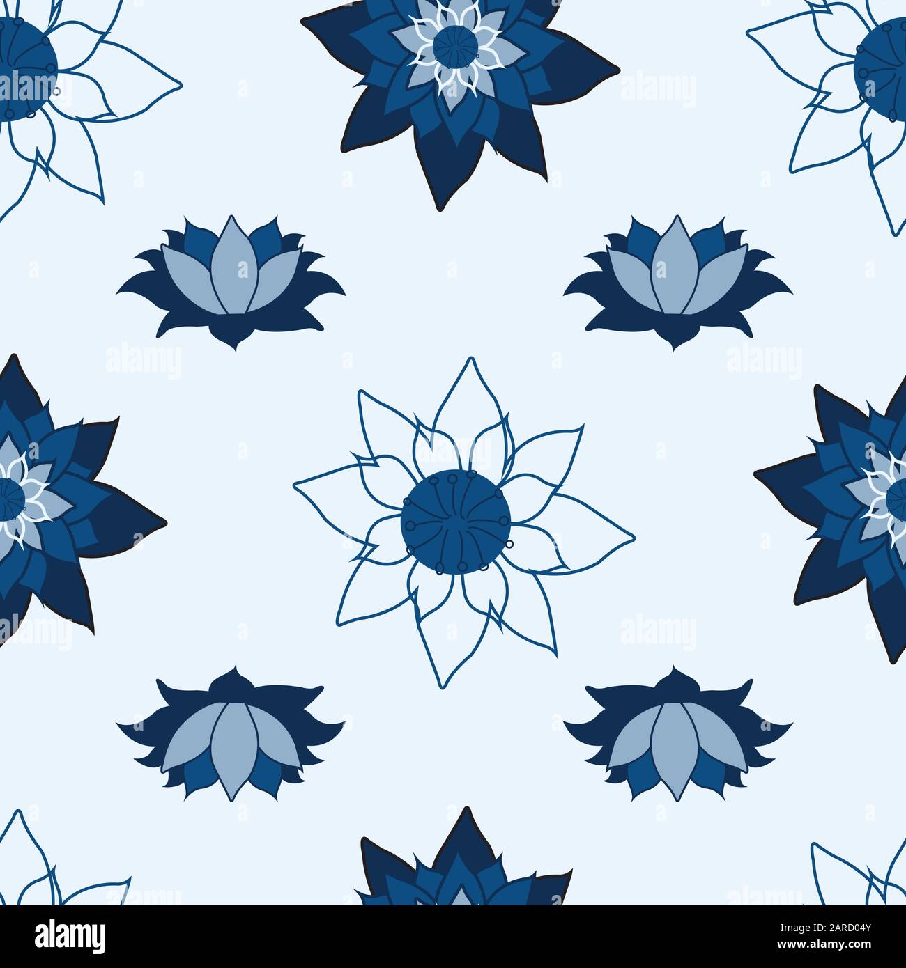 Blooming Lotus repeat vector design, classic blue design, Lily in bloom ...