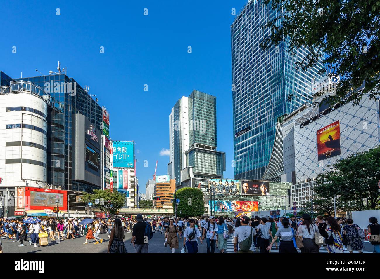 Tokyo, Japan, August 2019 - View of Shibuya Crossing in sunny day, one ...