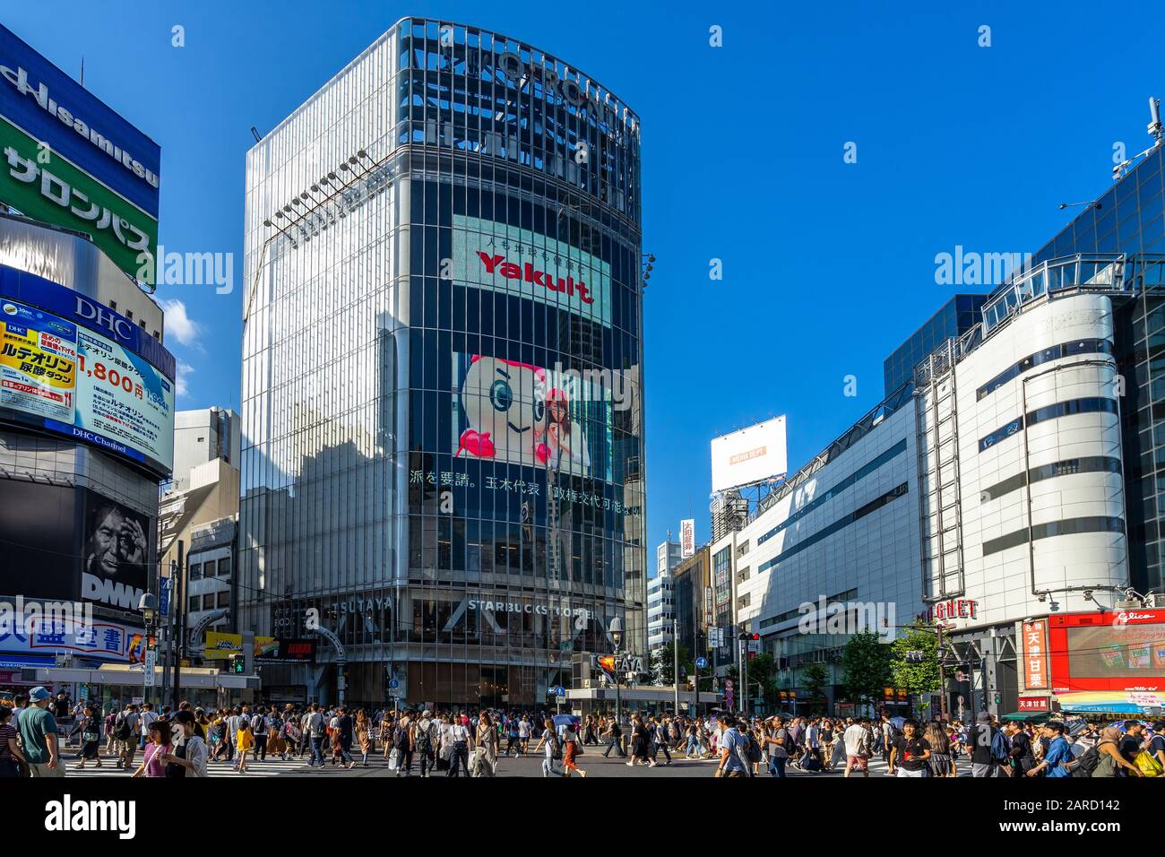 Tokyo, Japan, August 2019 - View of Shibuya Crossing in sunny day, one ...