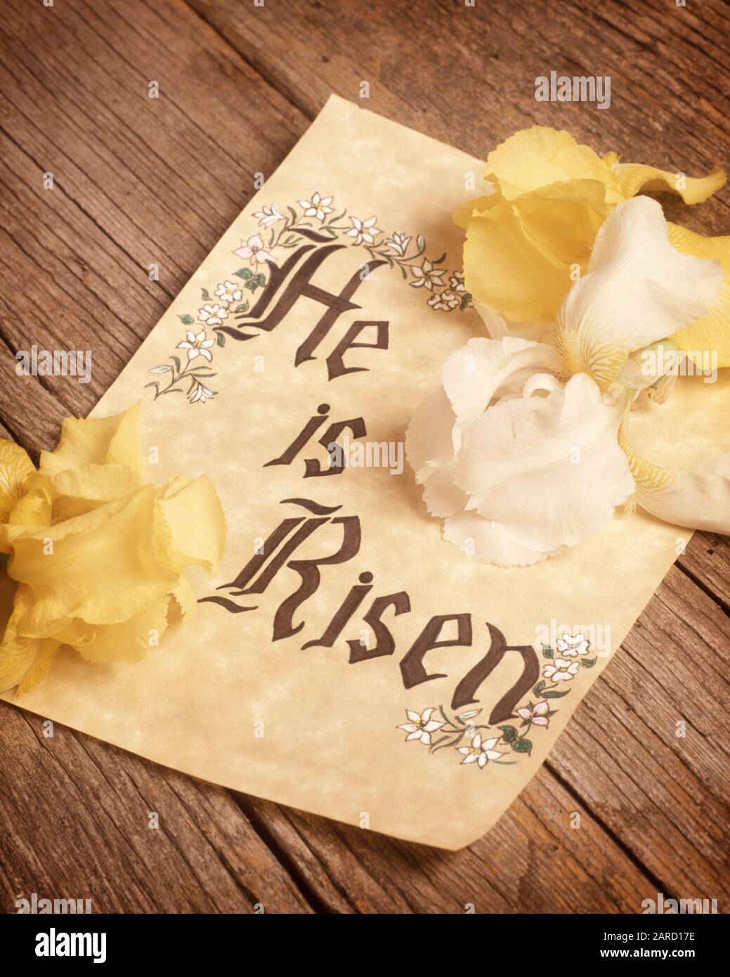 1980s PARCHMENT WITH GOTHIC SCRIPT HE IS RISEN WITH YELLOW AND WHITE ...