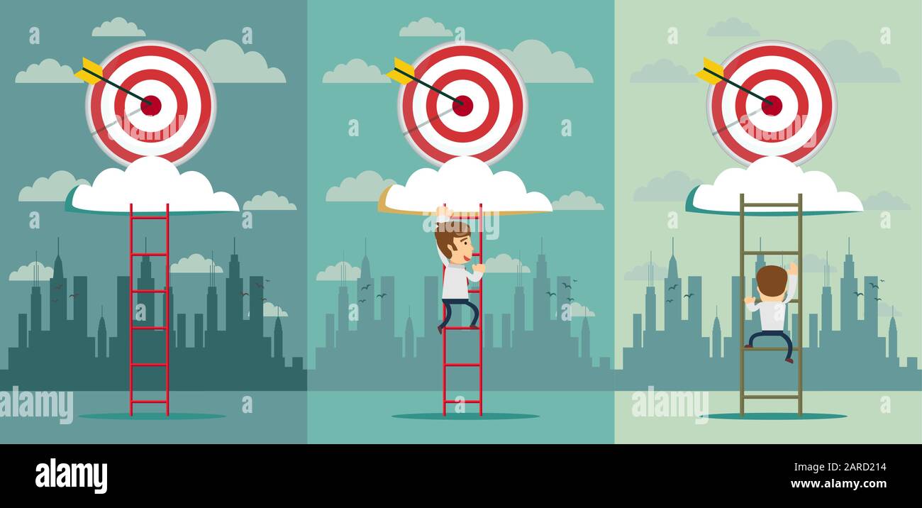 Stairs to goal. Businessman in suit rises up stairs to top of target ...