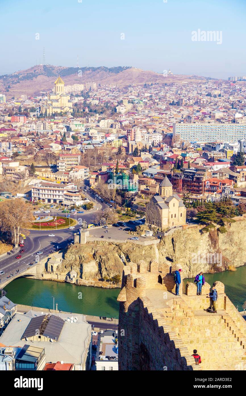 The Metekhi temple, which is picturesquely located on a rock above the ...