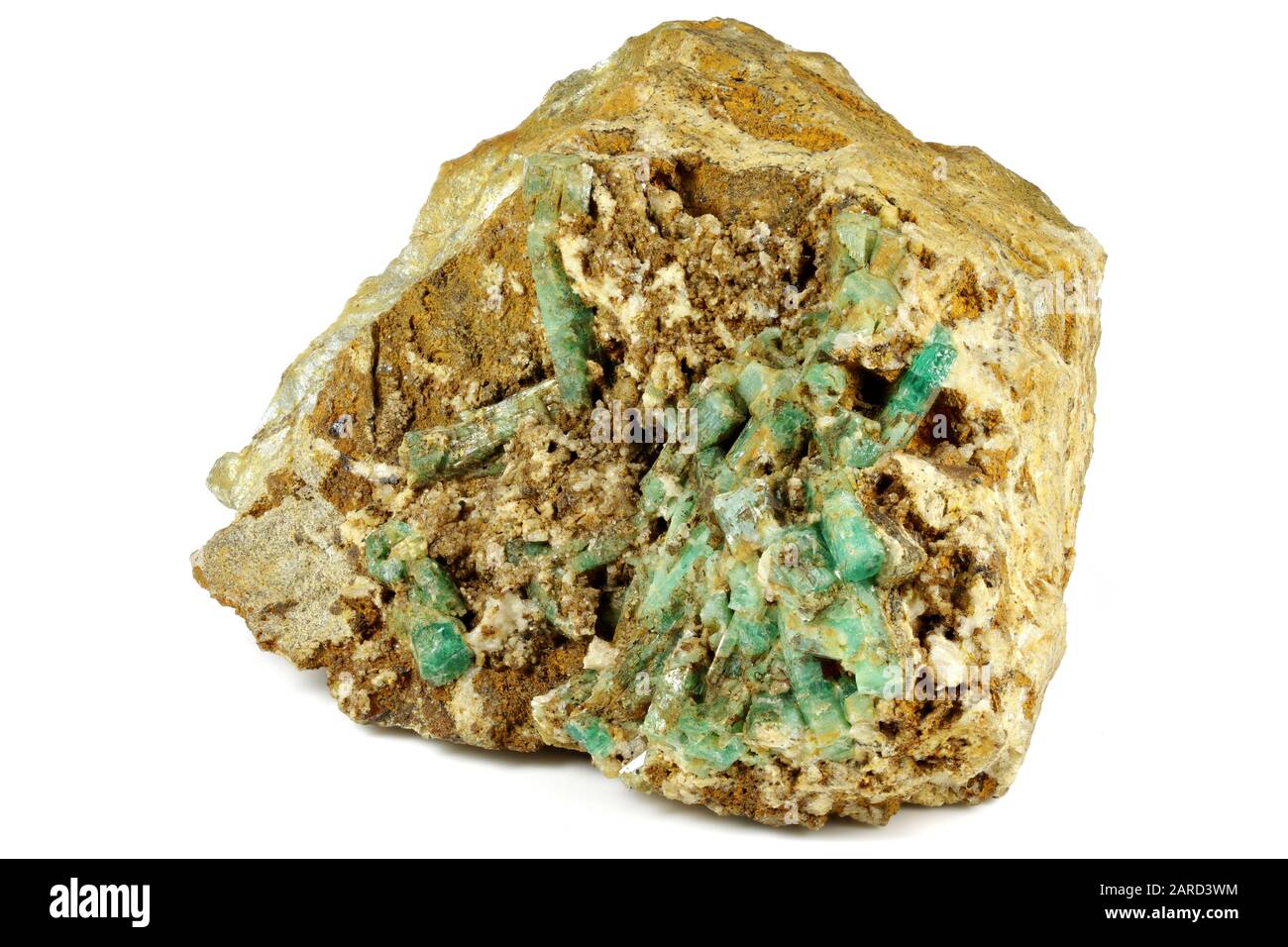 emerald crystal cluster from Panjshir, Afghanistan isolated on white ...
