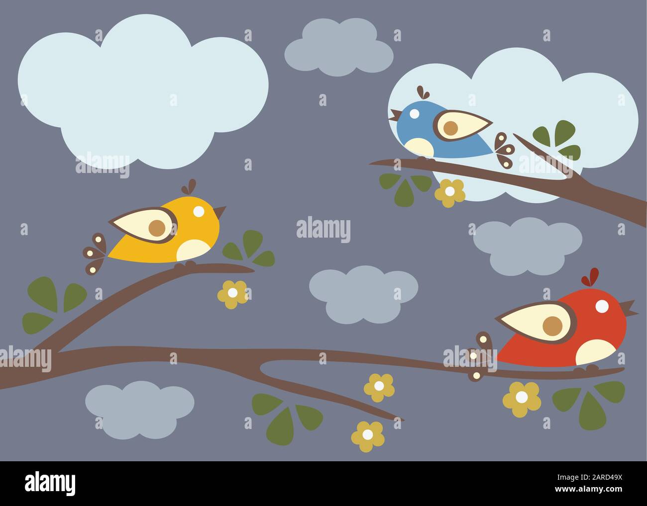 Birds sitting on tree branches. Vector Illustration, sunny day Stock ...