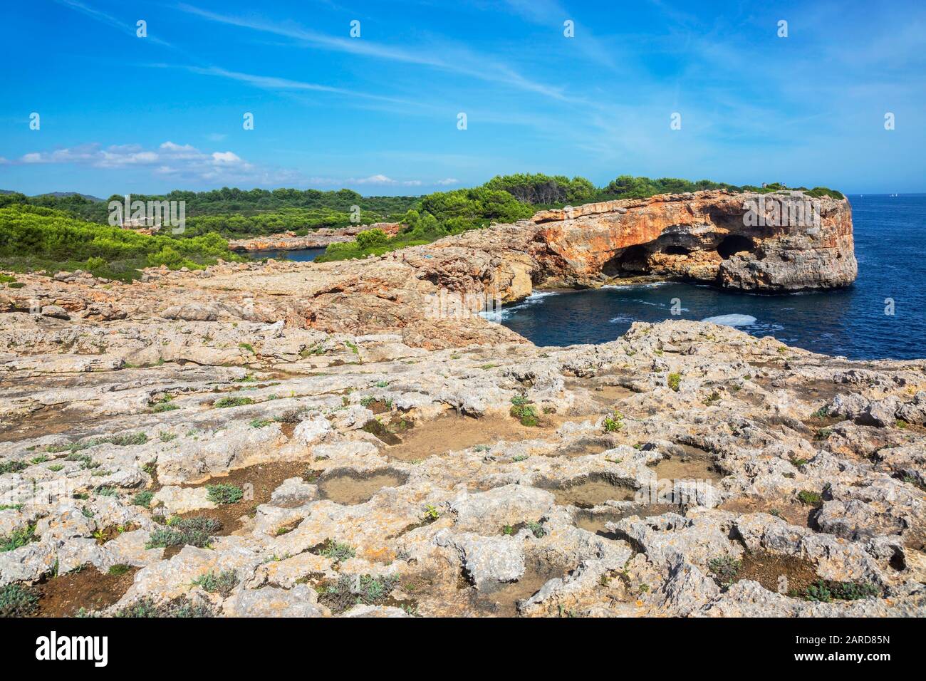Landscape with rocks over the sea under the sky.Mallorca island, Spain ...