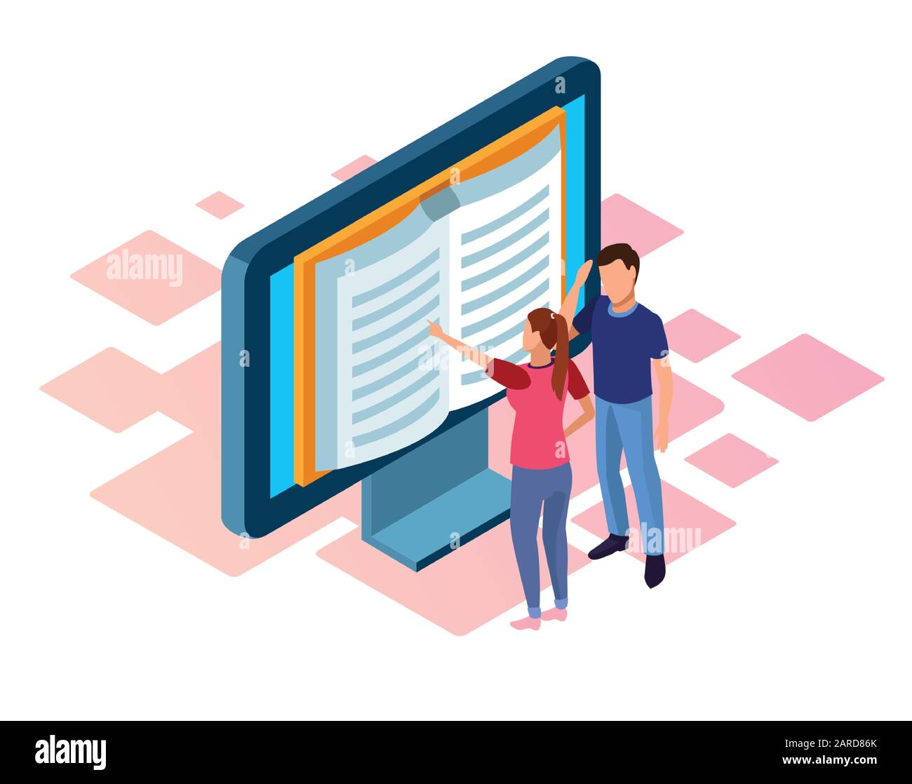 ebook design of computer with book on screen and woman and man standing ...