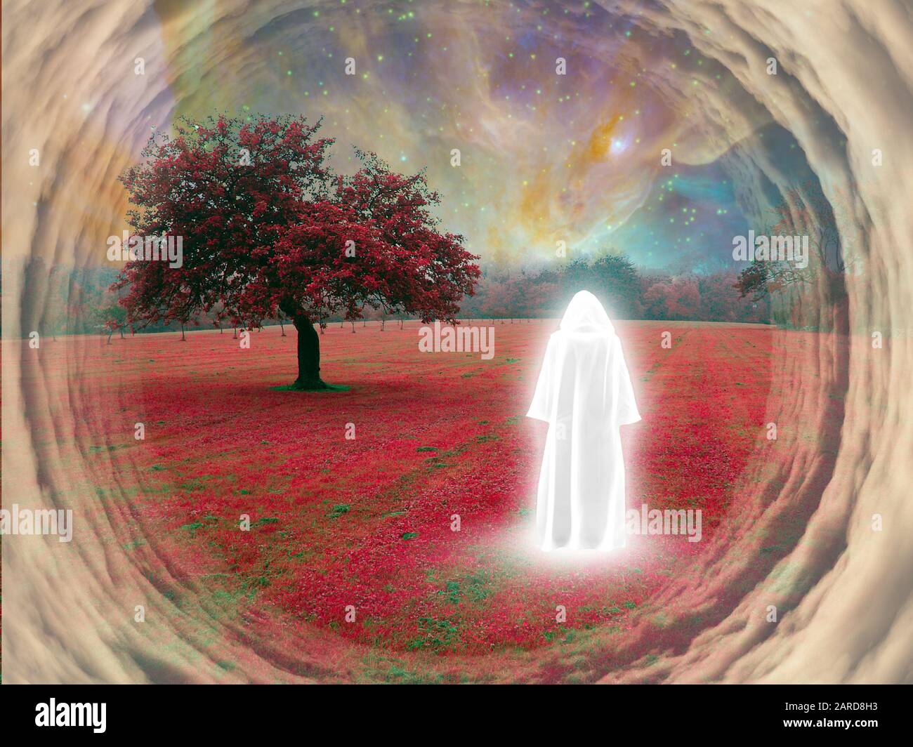 White monk in a surreal landscape. Tree with red leaves Stock Photo - Alamy