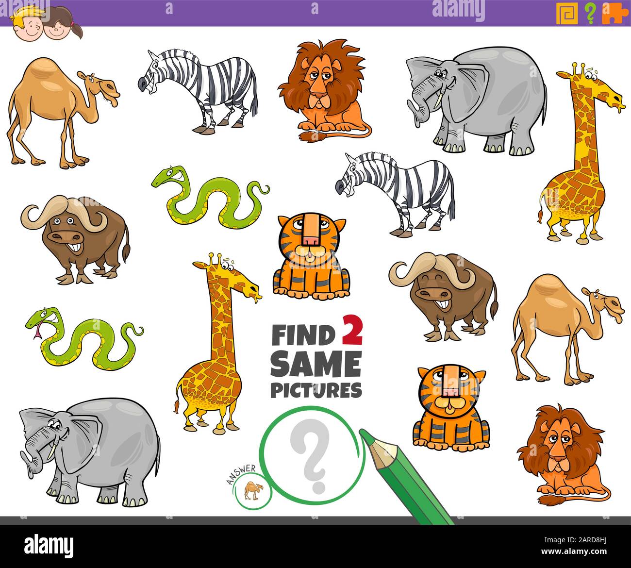 Cartoon Illustration of Finding Two Same Pictures Educational Activity ...