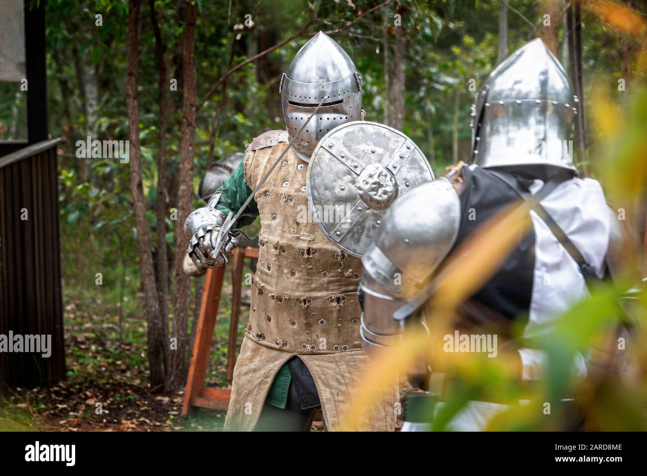 Knights in armour undertake medieval combat at historical re-enactment ...