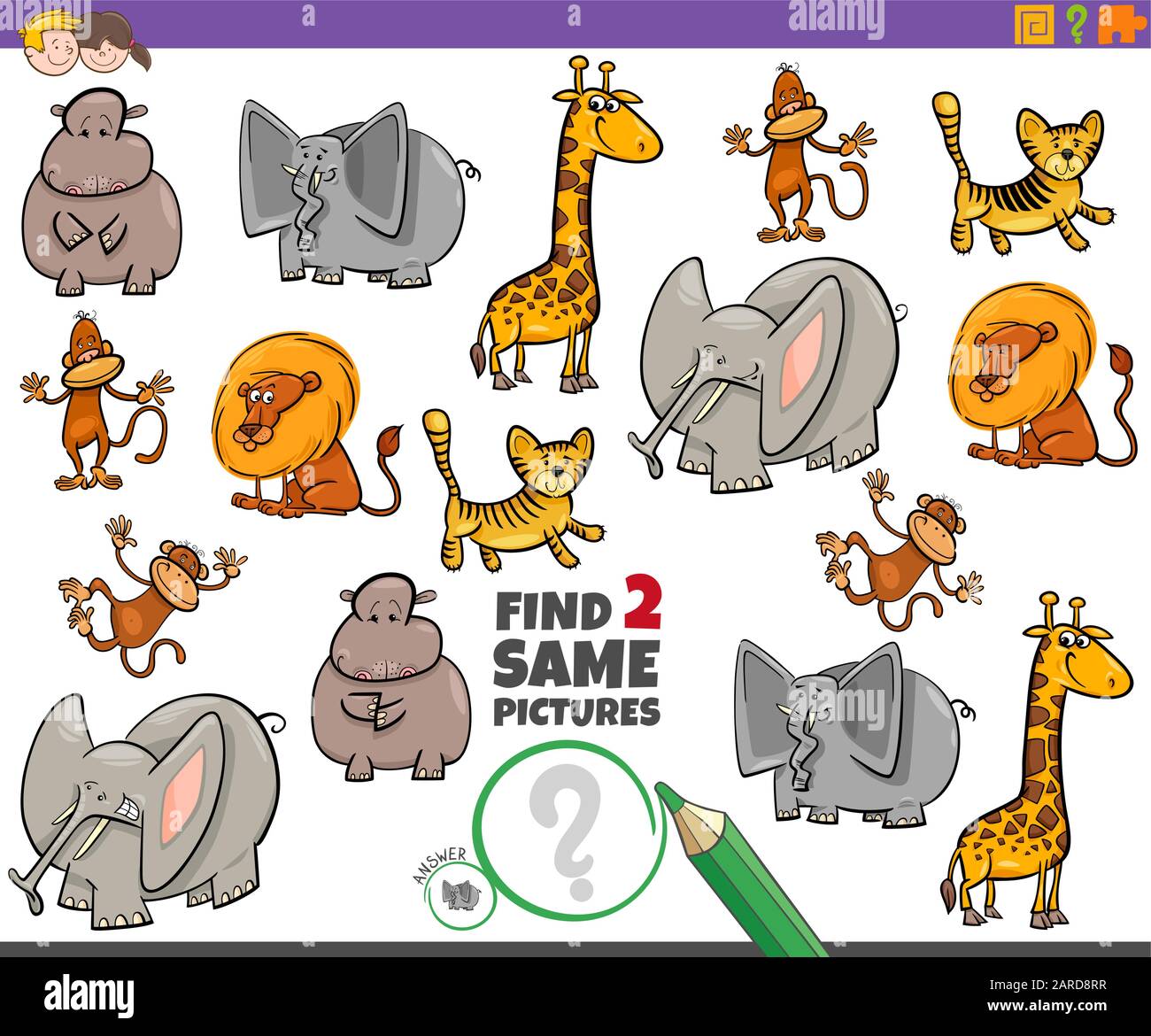 Cartoon Illustration of Finding Two Same Pictures Educational Game for ...