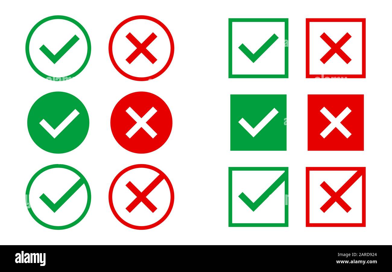 Approved and rejected icons on white backdrop. Green and red marks ...