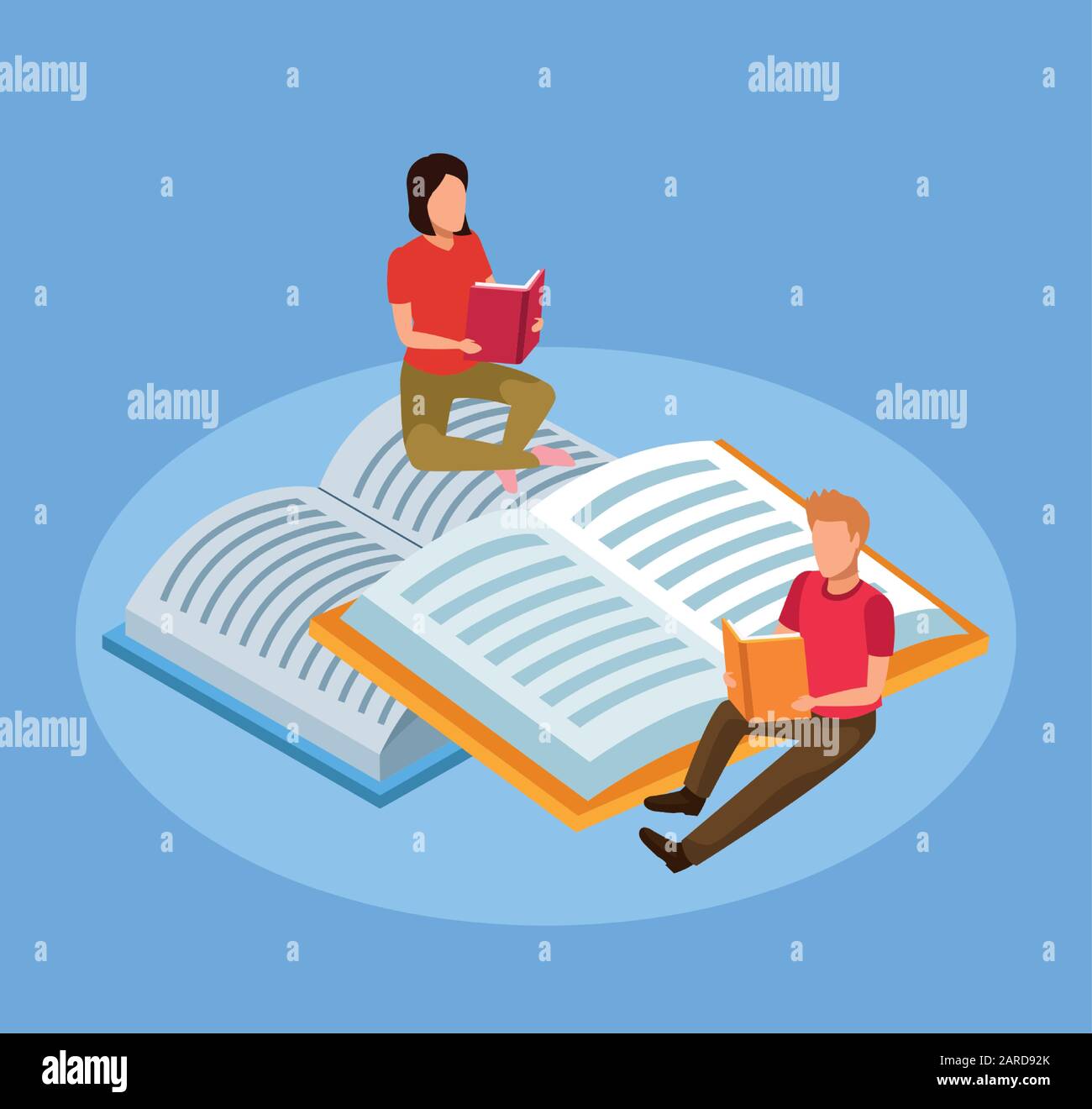 Cartoon Woman And Man Reading Books Sitting On Big Books Stock Vector