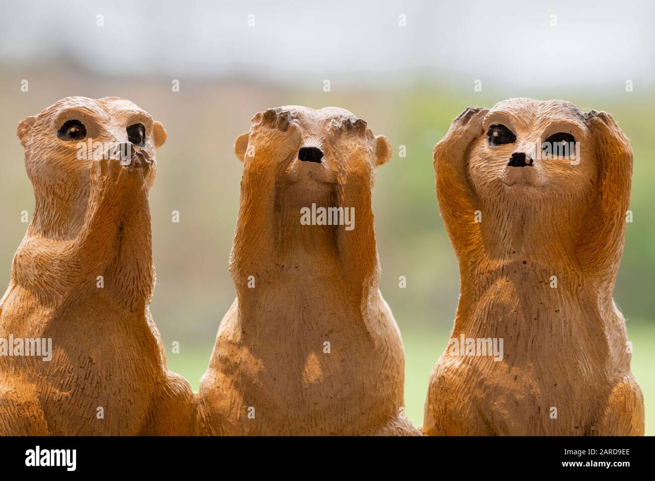 Three ceramic meerkats depicting the proverb.Speak no evil.See no evil ...