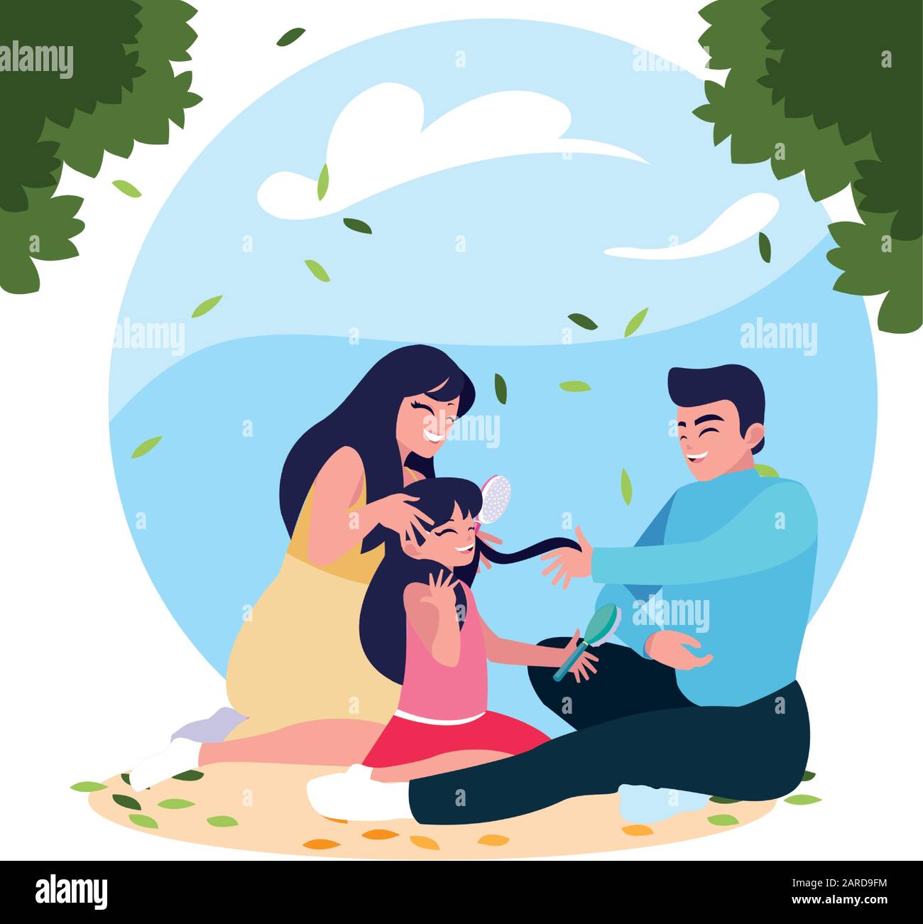 couple of parents and daughter with background landscape vector ...