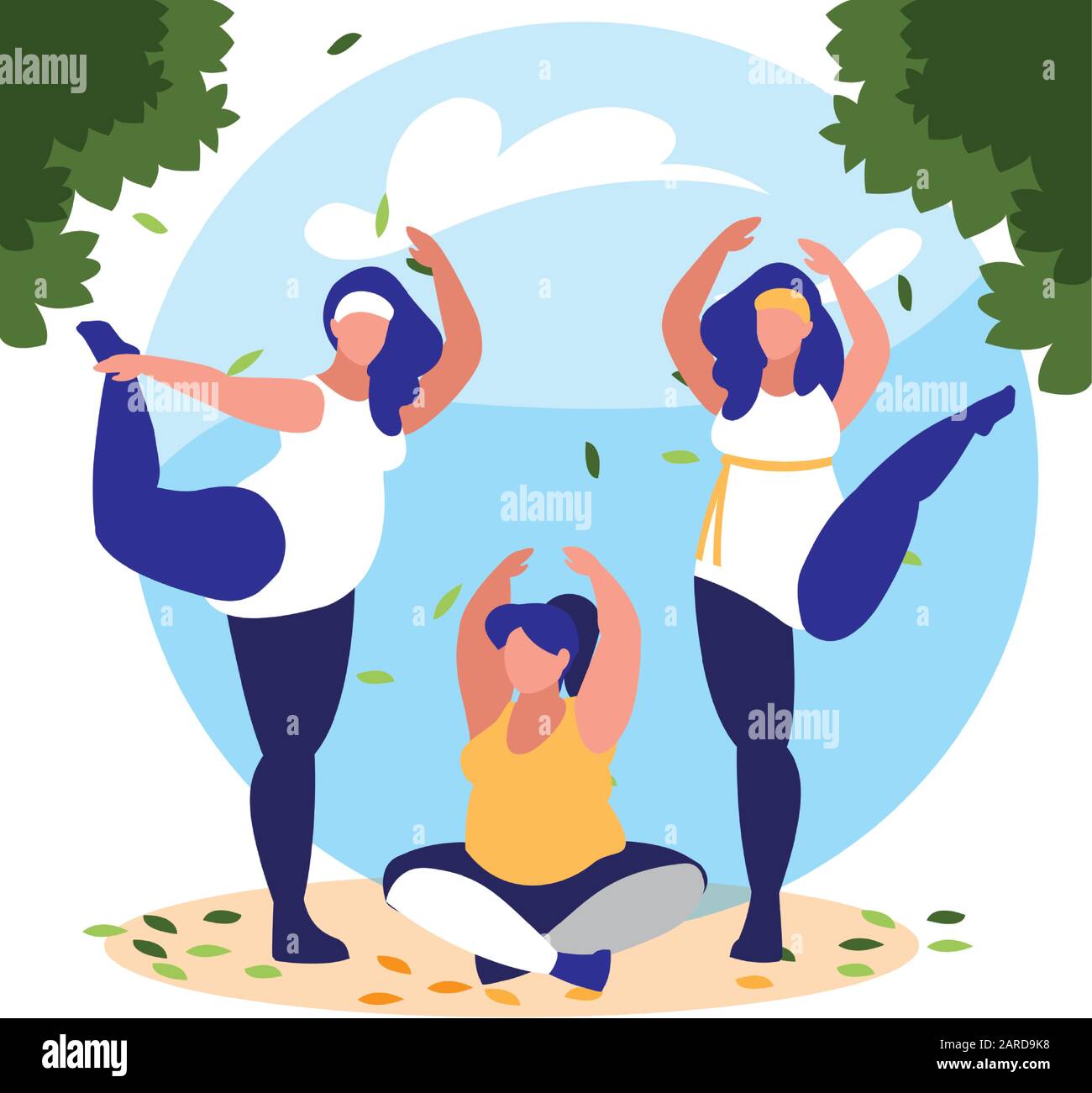 women outdoors practicing yoga with background landscape vector ...