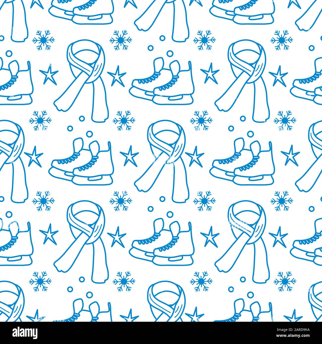 Vector seamless pattern Ice skates, scarf, snowflakes, stars. Winter ...