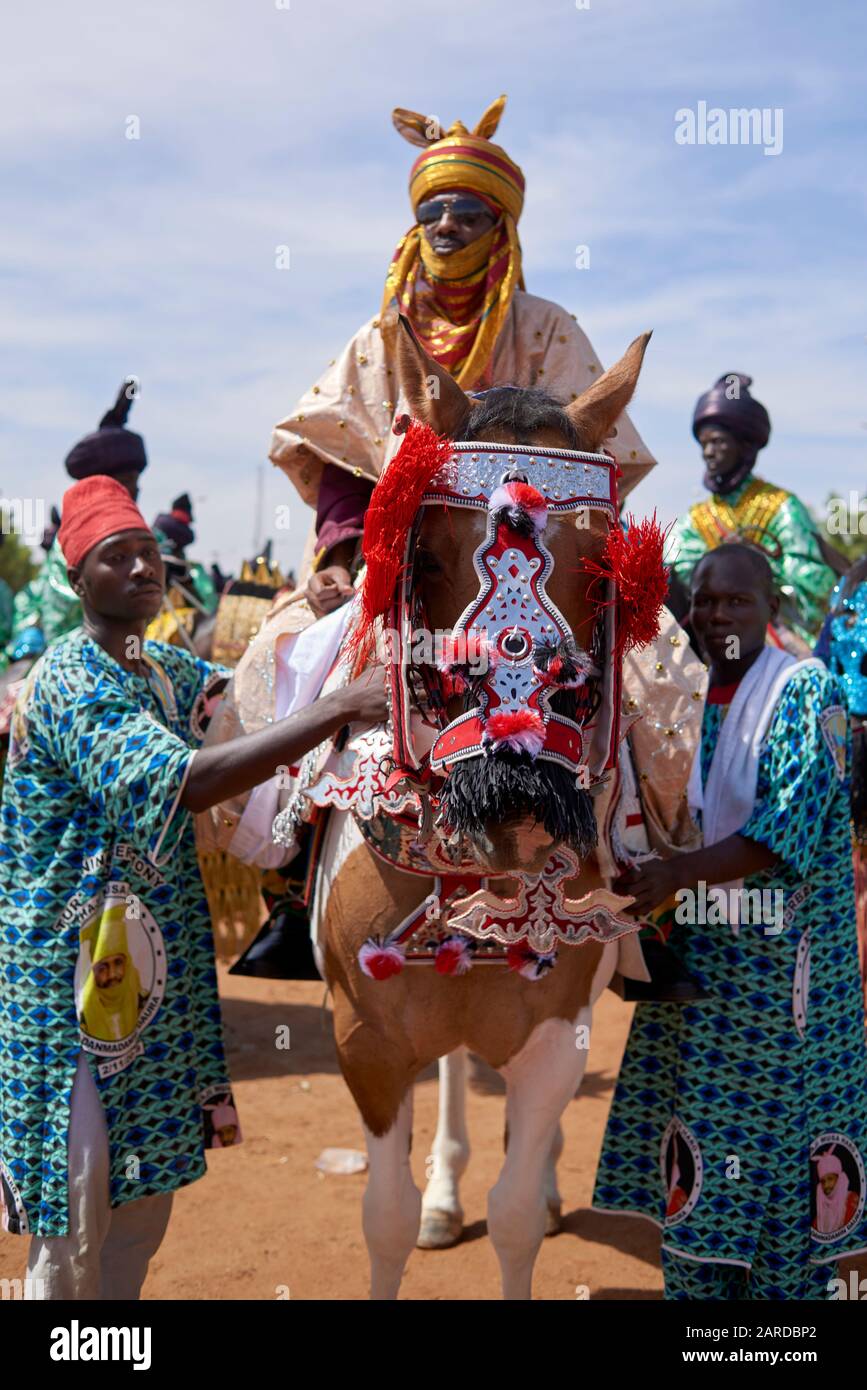 Nobleman rider dressed in a colourful outfit mounting an embellished ...