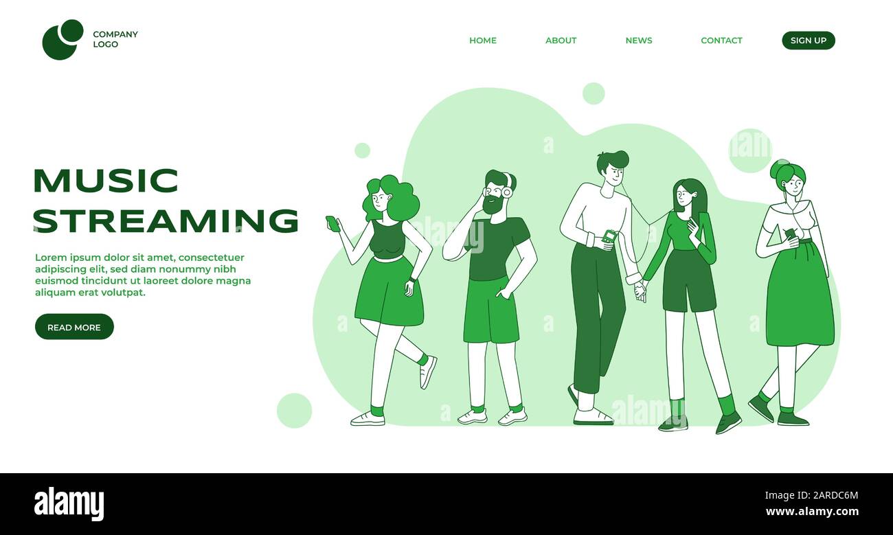 Music streaming landing page vector template. Male and female music ...