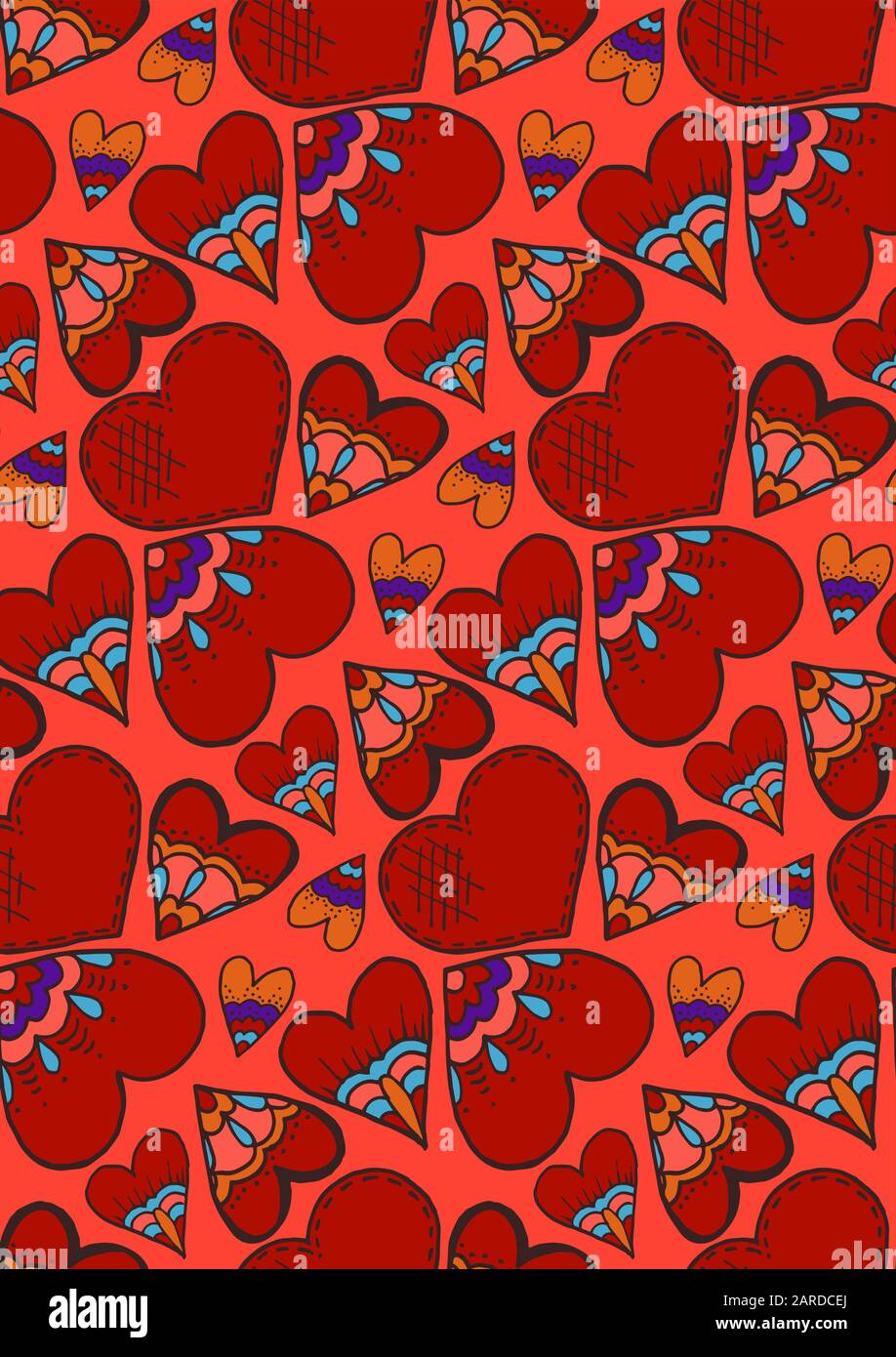 Cute seamless pattern. Heart. Hand drawing. Doodle. Love. Sketch. Red ...