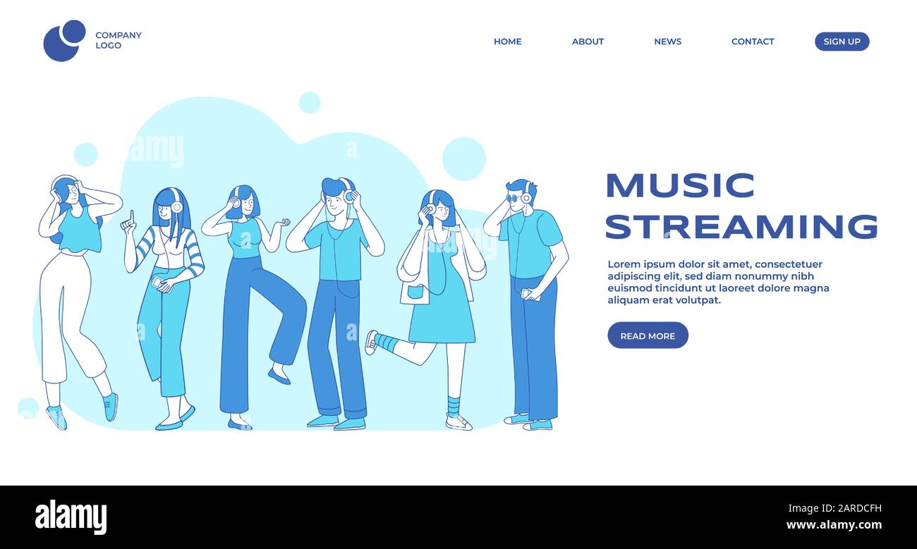 Music streaming, people preferences landing page vector template. Male ...