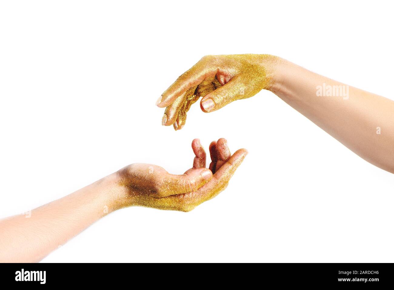Man and woman hand in golden glitter reaching to each other isolated on ...