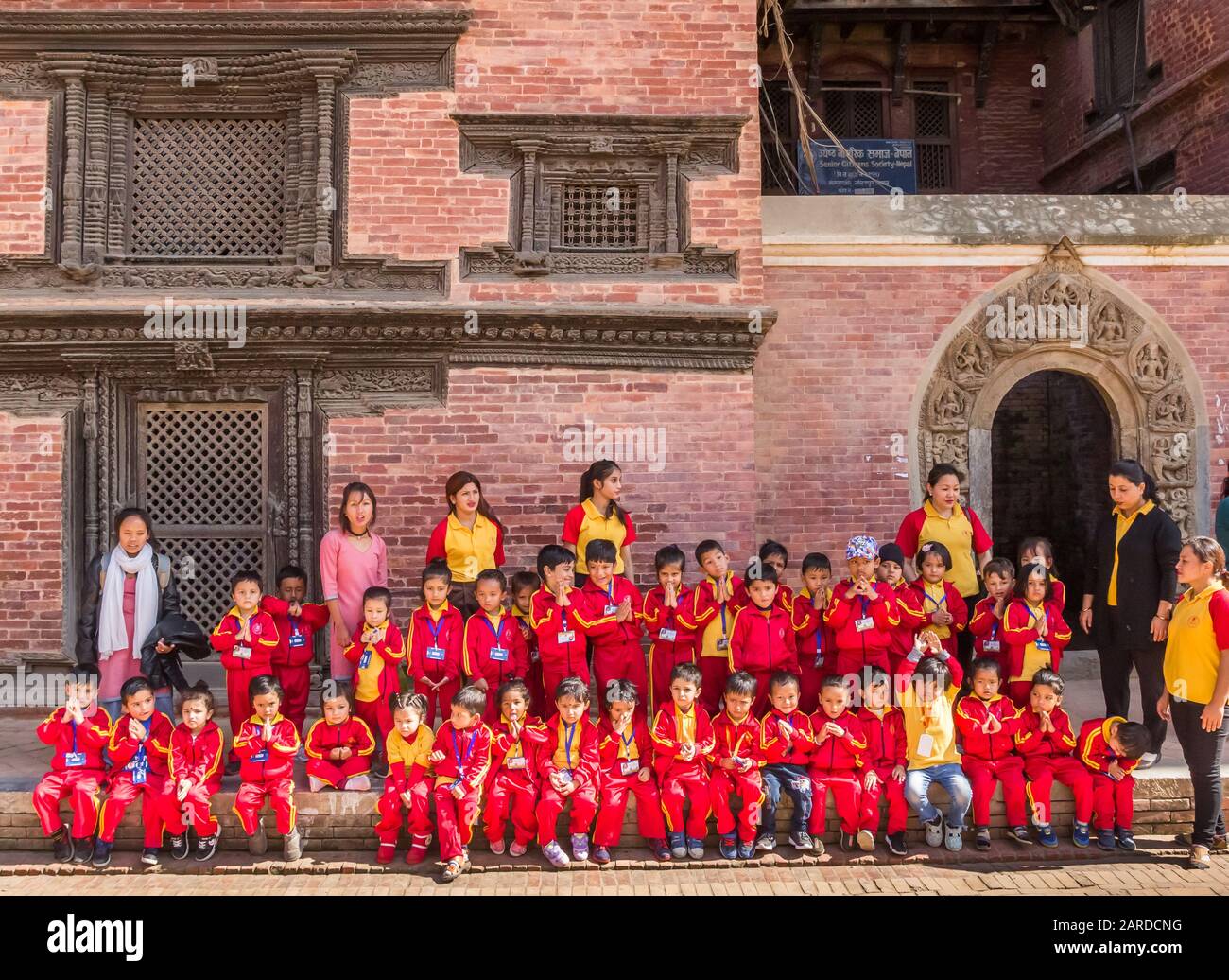 Nepalese school children in uniform posing for a picture on Durbar ...