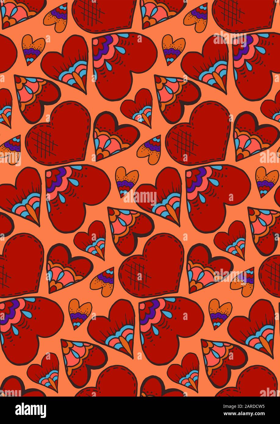 Cute seamless pattern. Heart. Hand drawing. Doodle. Love. Sketch. Peach background Stock Vector ...