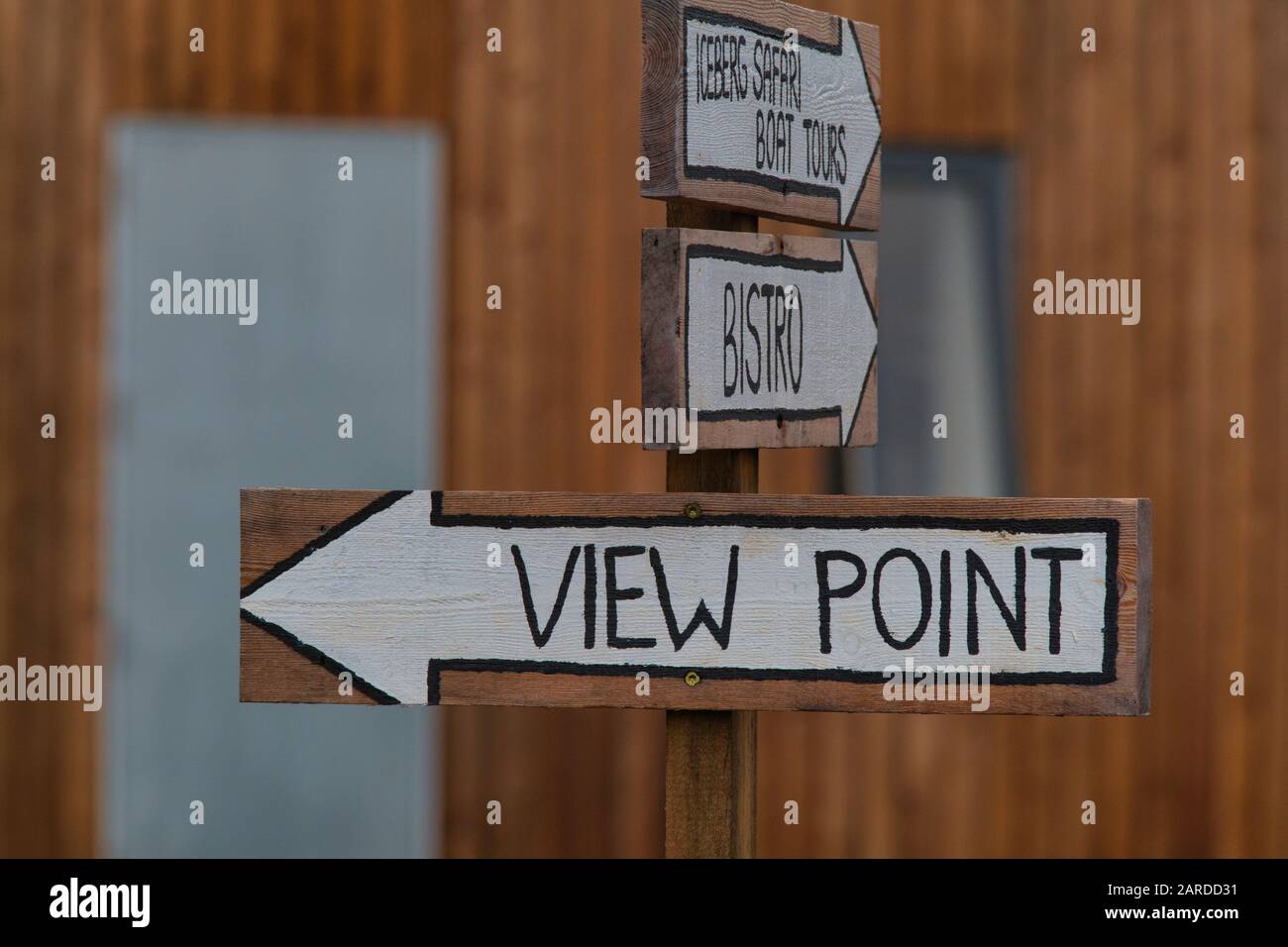 Old wooden viewpoint sign on a tourist trail Stock Photo - Alamy