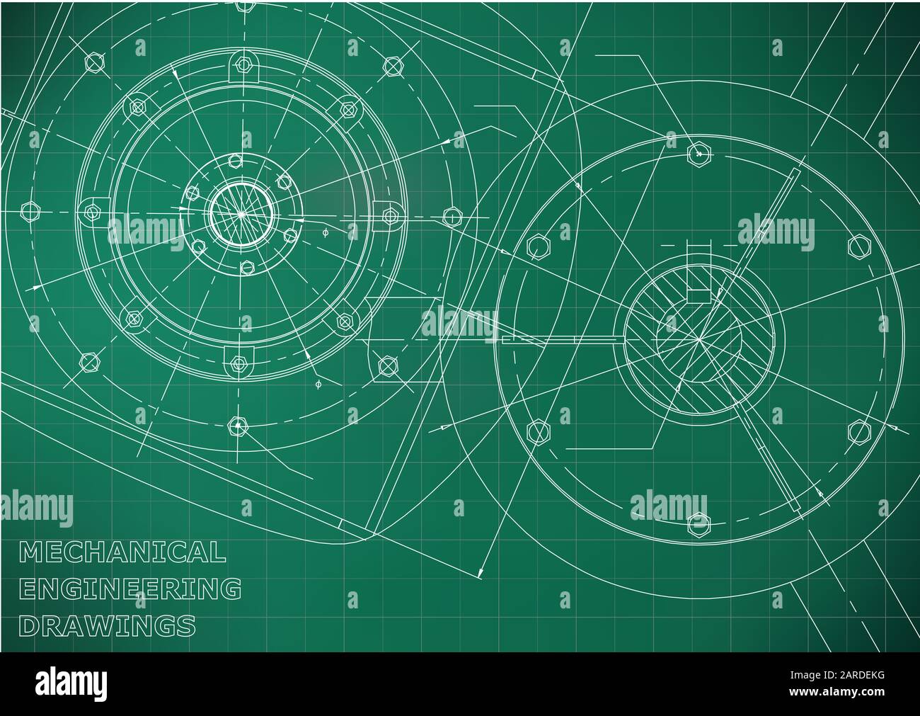 Mechanical engineering drawings. Vector background. Light green. Grid ...