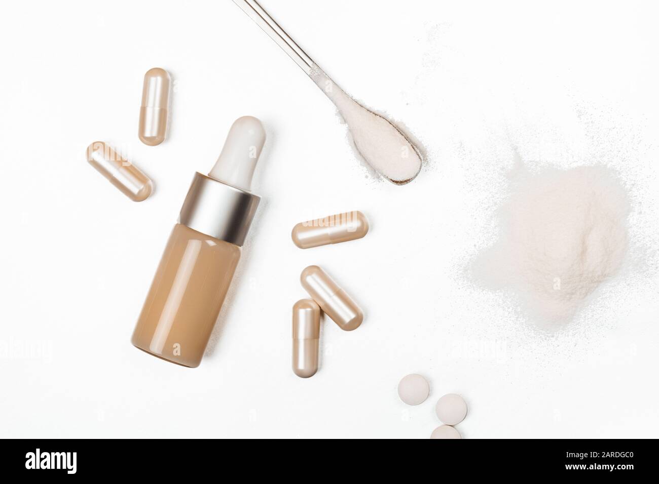 Different types of collagen. Powder, capsules, tablets and fluid Stock ...