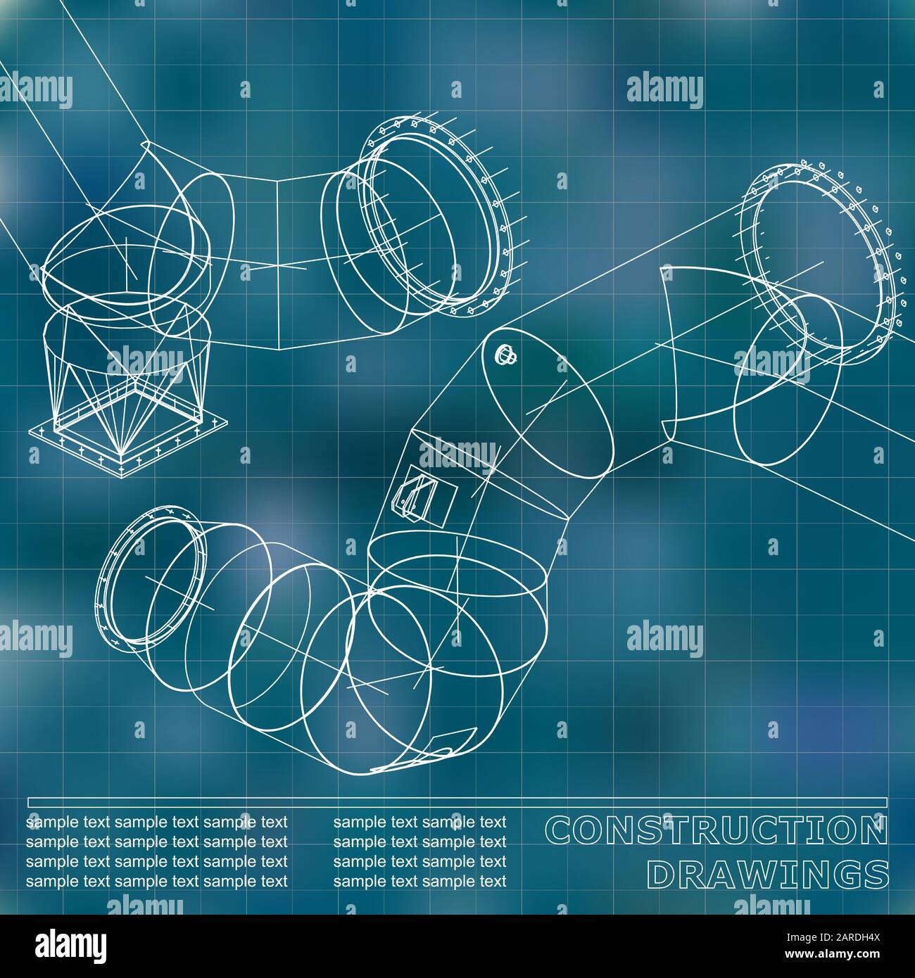 Blue background. Grid. Drawings of steel structures. Pipes and pipe. 3d ...