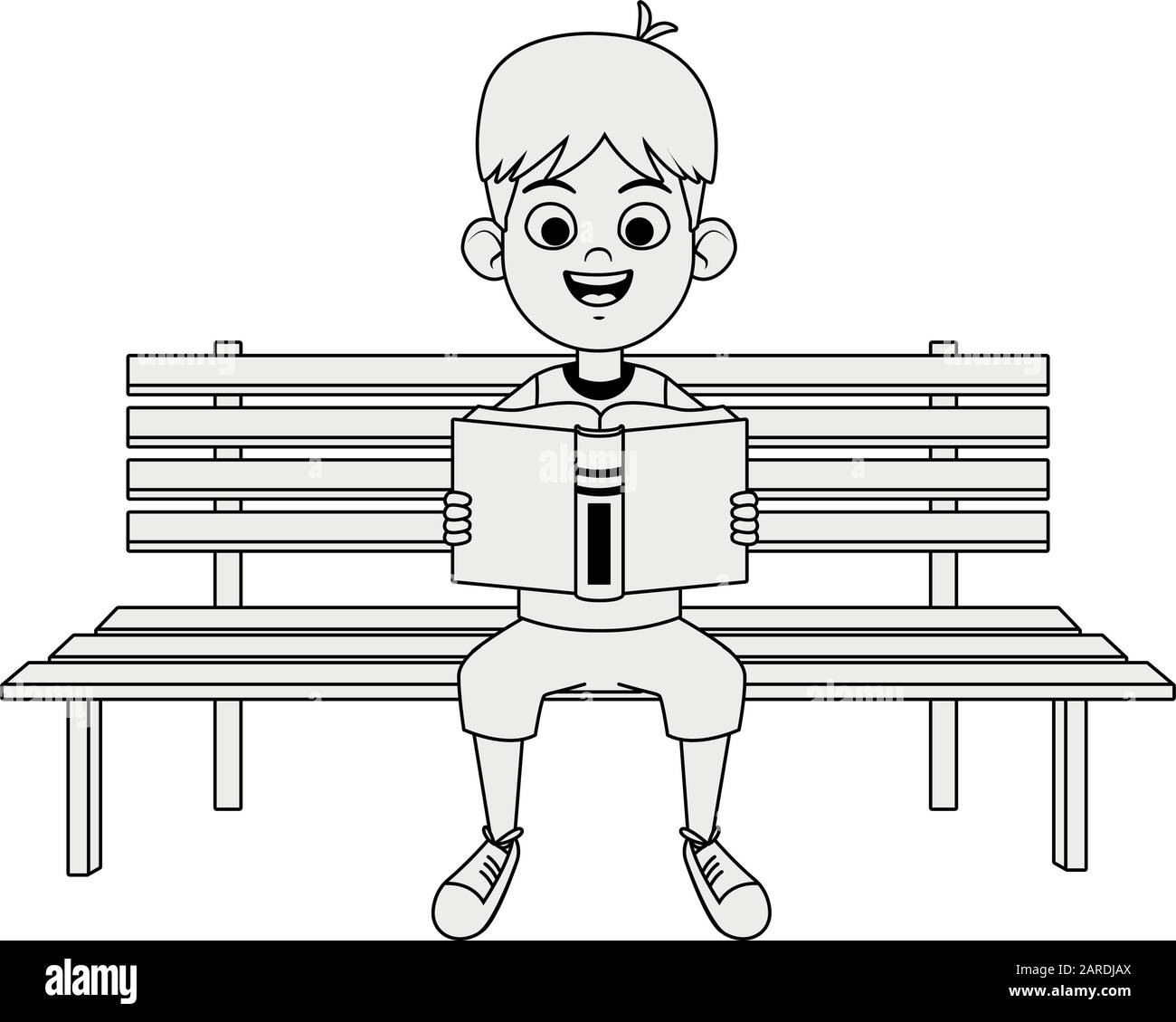 cartoon happy boy reading a book sitting on a bench, flat design Stock ...