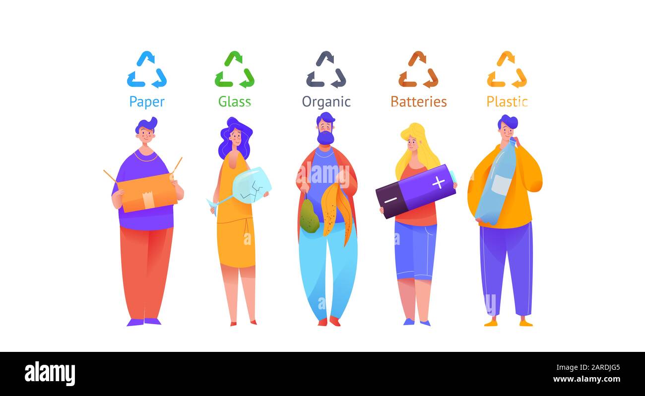 Group of people sort trash in multi-colored bins. Men and women are holding huge objects in ...