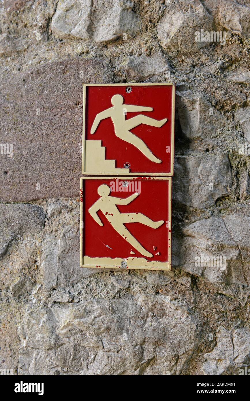 Safety sign at Chepstow castle, aside the river Wye in Wales, UK, which ...