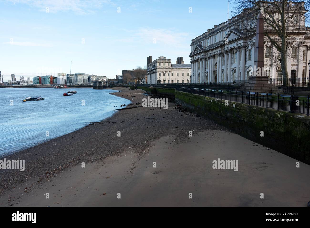 Royal Naval College, Greenwich, looking west along the Thames foreshore ...