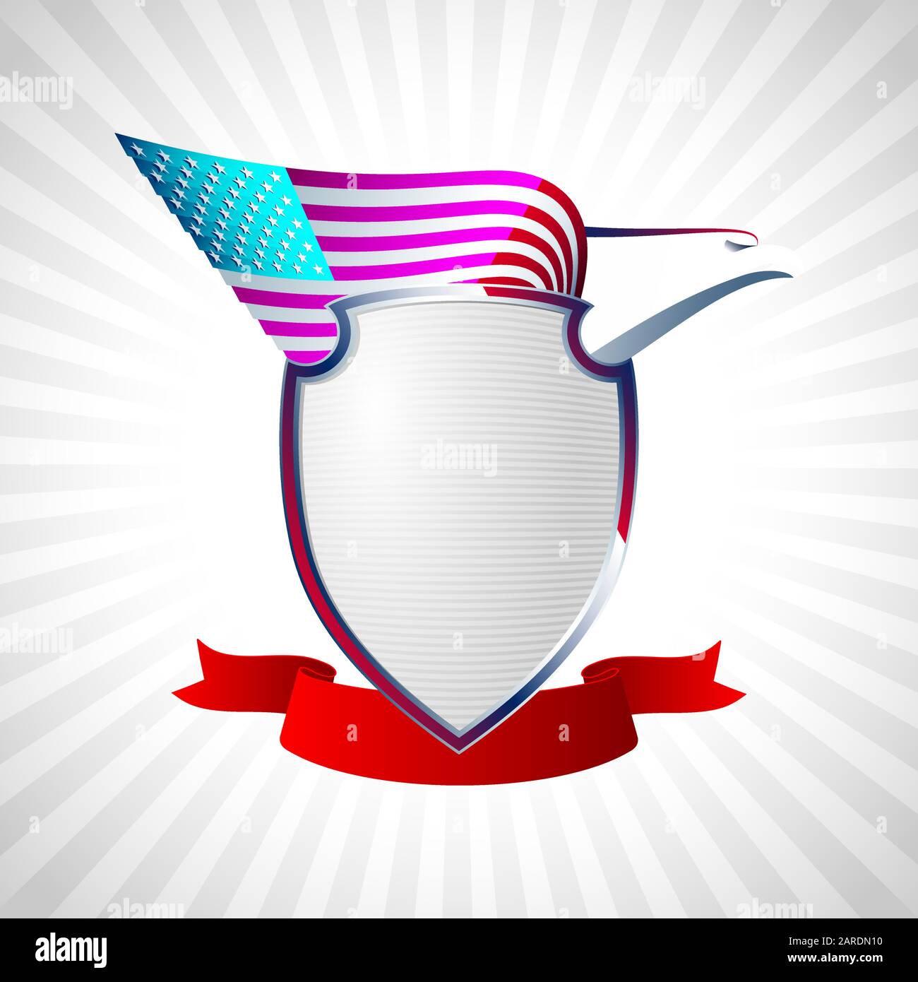 The eagle with a wing of the American flag; Shield and solemn ribbon ...