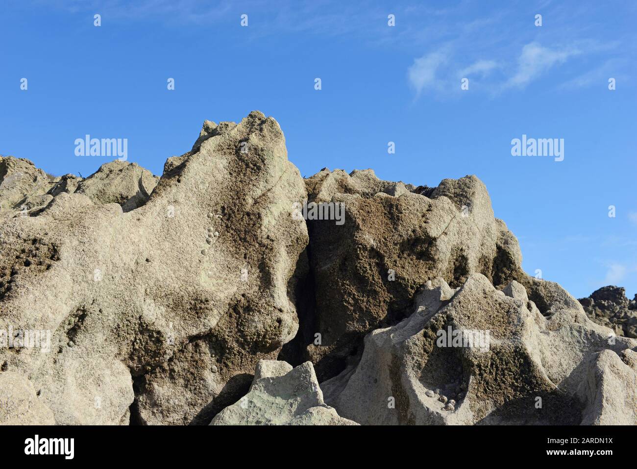 Eroded carboniferous limestone rocks at Caswell Bay beach at Mumbles on ...