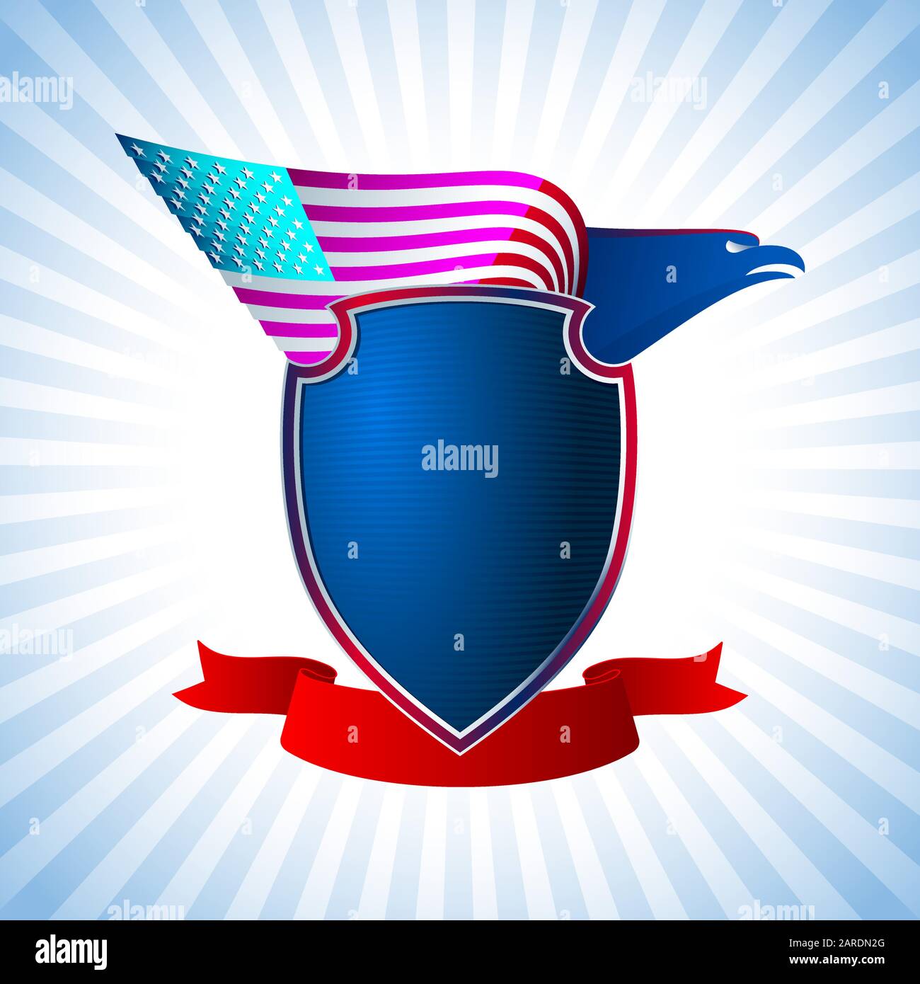The eagle with a wing of the American flag; Shield and solemn ribbon ...