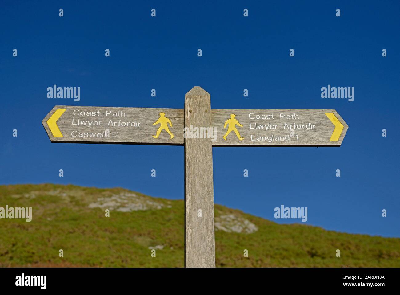 Coast path sign at Caswell Bay beach at Mumbles on the Gower peninsula ...