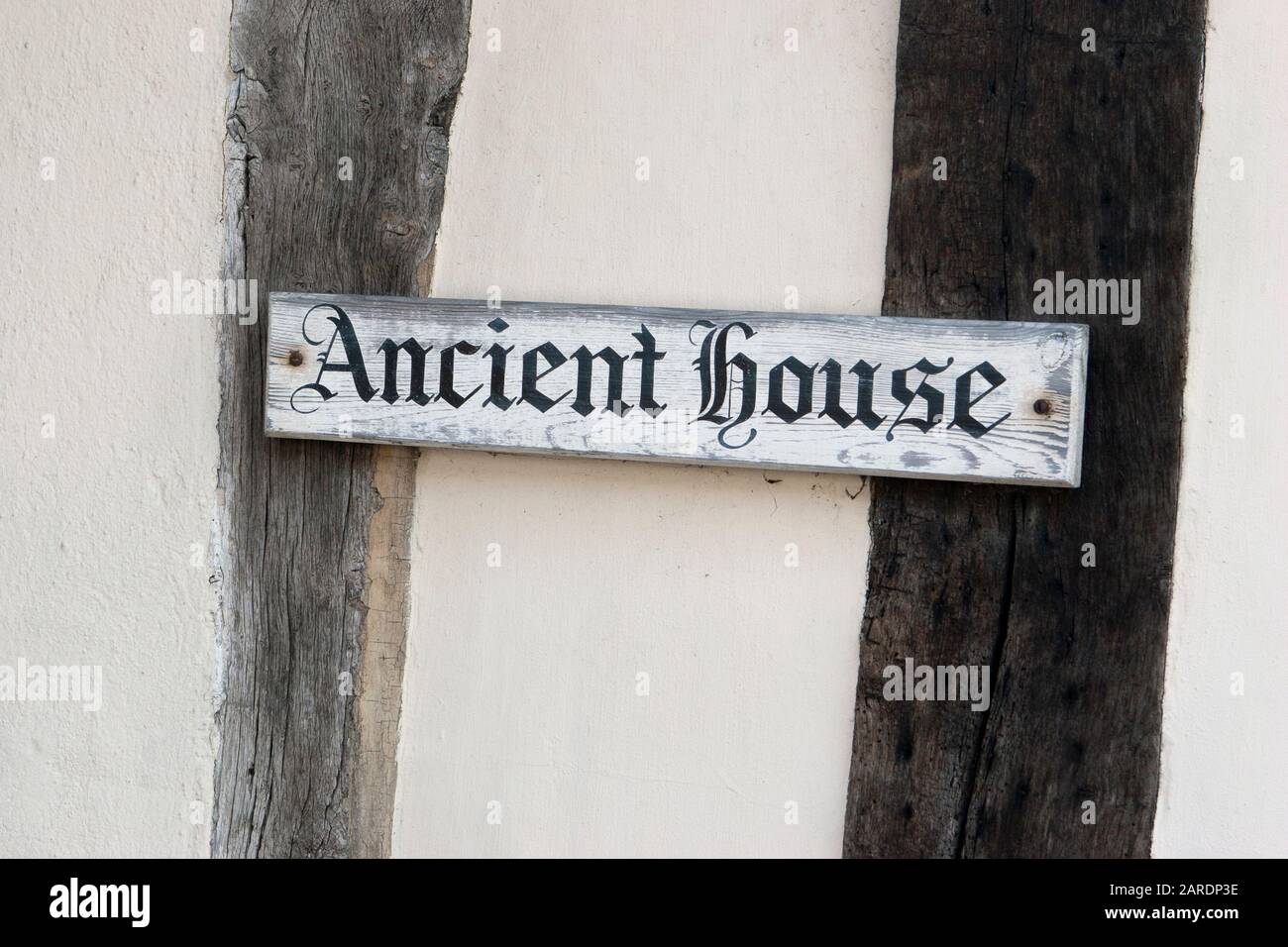 Sign reading Ancient House on the wall of a timber beamed house Stock ...