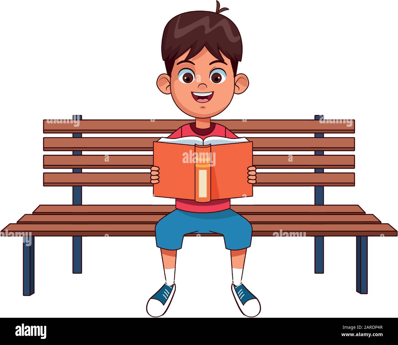 cartoon happy boy reading a book sitting on a bench Stock Vector Image ...