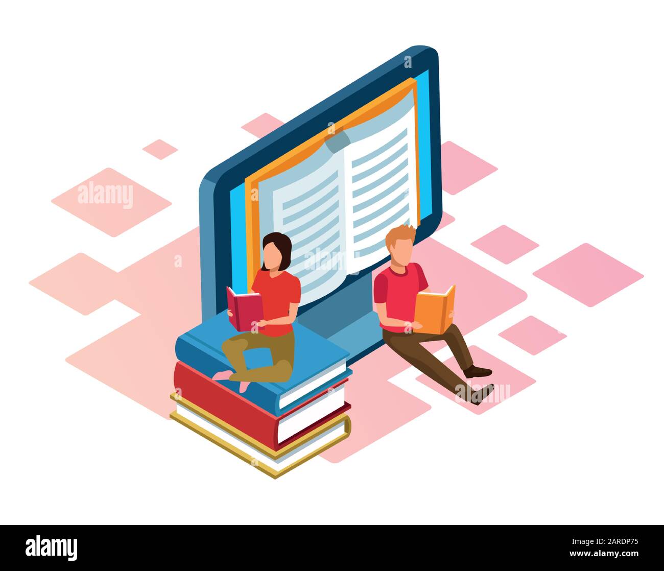 computer with book on screen and people reading around, colorful design ...