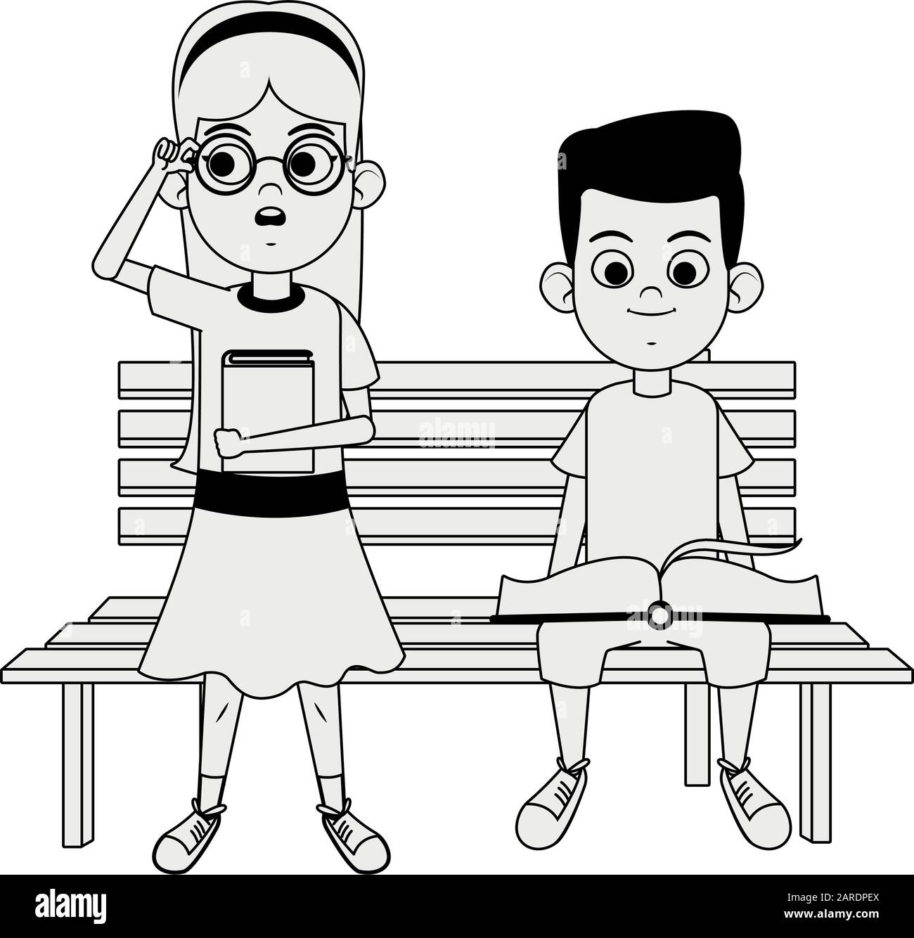 park bench with girl and boy reading books Stock Vector Image & Art - Alamy