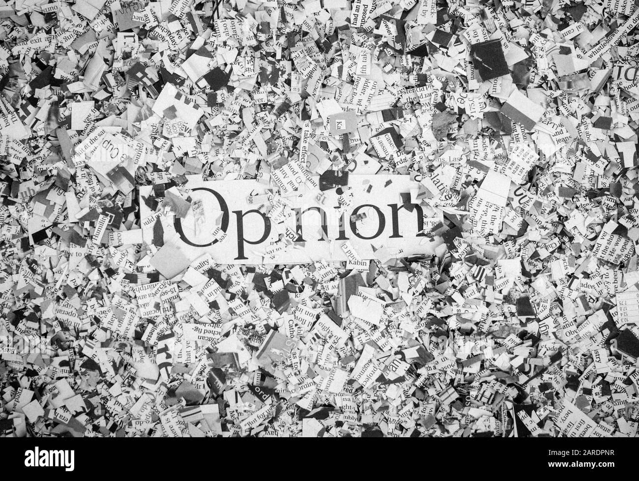 Newspaper confetti from above with the word Opinion background Stock ...