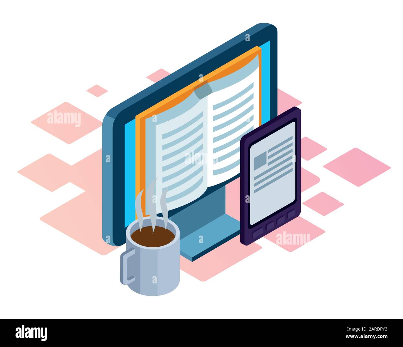 coffee mug and computer with book icon on screen Stock Vector Image ...