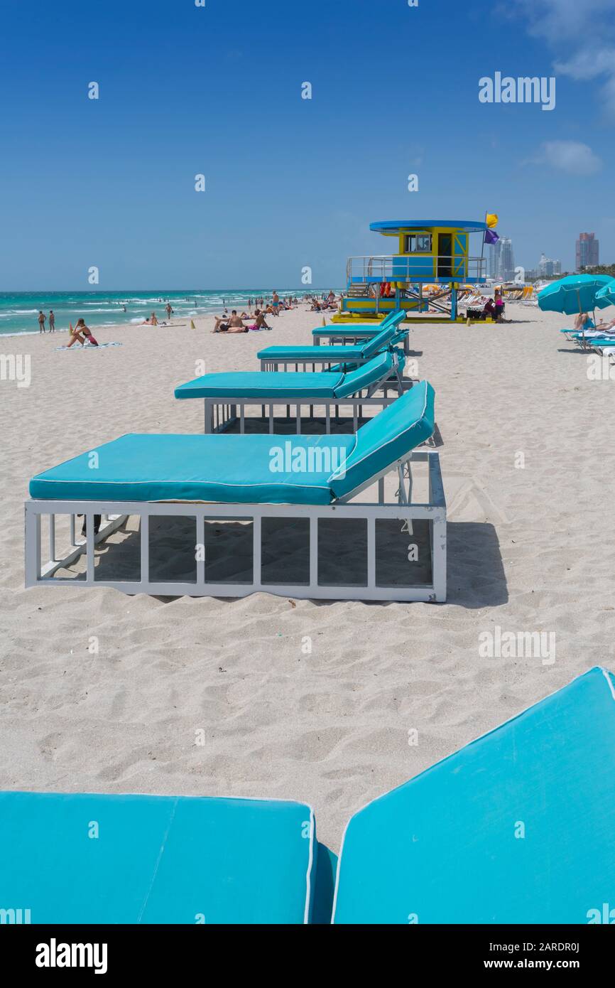 Sunbeds and Lifeguard watchtower on South Beach, Miami Beach, Miami ...