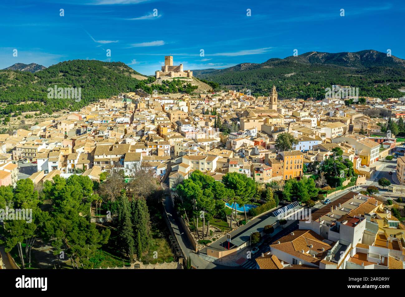 Aerial view of Biar castle in Valencia province Spain with donjon ...